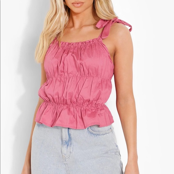 Boohoo Plus | Tops | Boohoo Curve Woven Pink Tie Shoulder Shirred Top ...